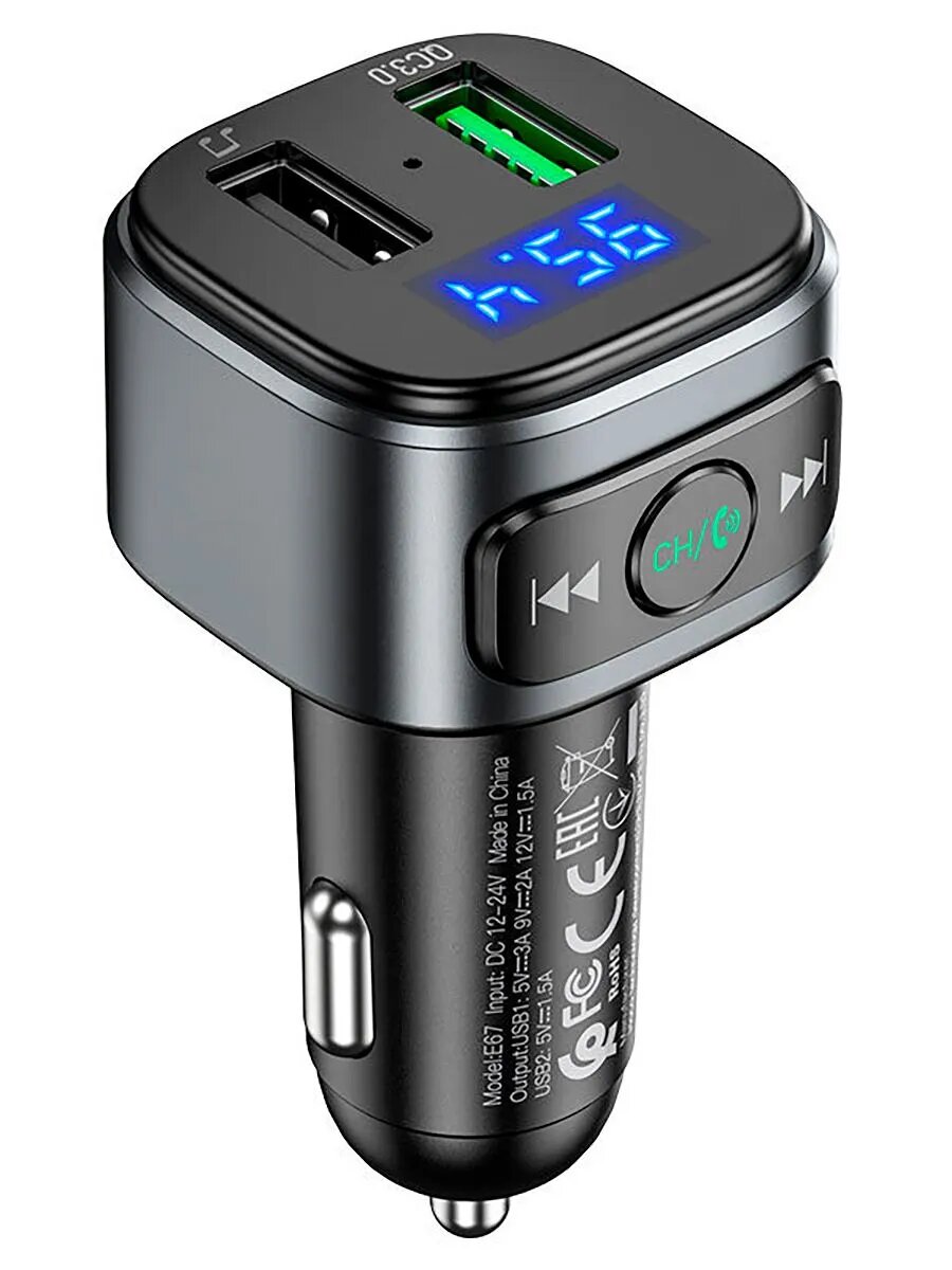 FM модулятор (трансмиттер) Hoco E67 Bluetooth, 2*USB, 18W (QC 3.0), цвет черный — фото 1