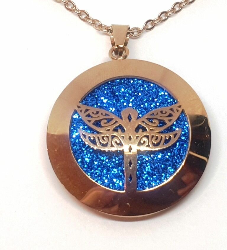 Медальон "Стрекоза в золоте", D30-D23, карман, для ароматерапии, для эфирного масла, сталь