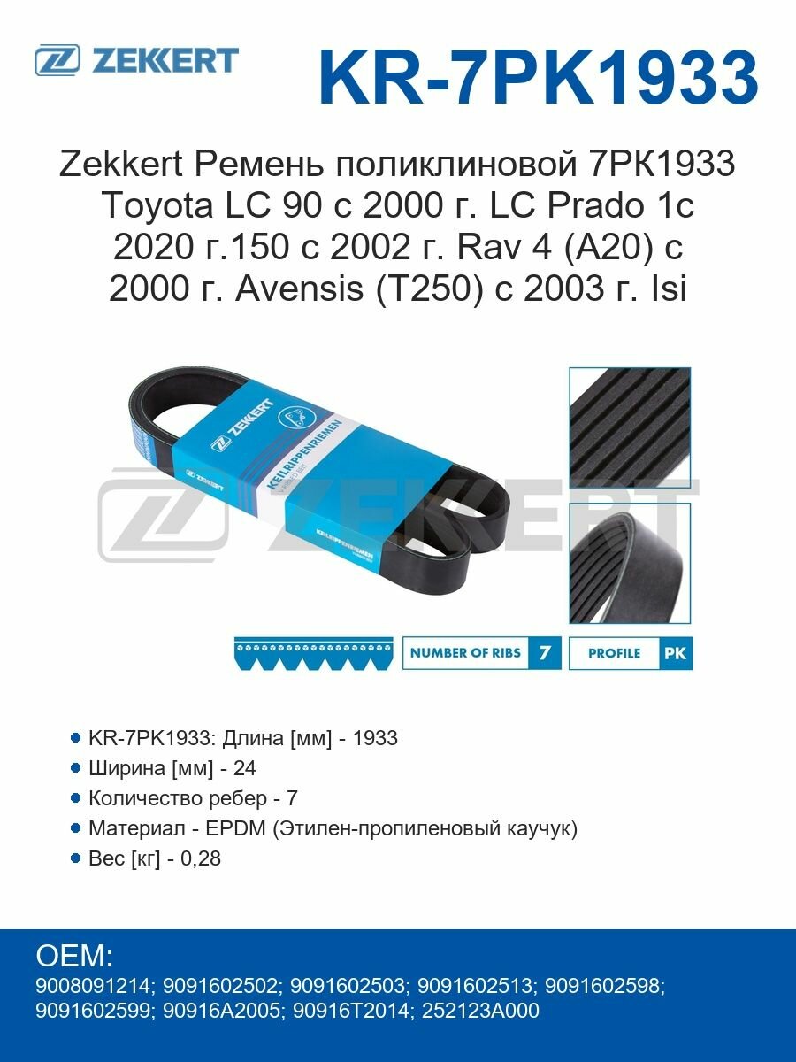 Zekkert Ремень поликлиновой 7РК1933 Toyota LC 90 с 2000 г. LC Prado 1с 2020 г.150 с 2002 г. Rav 4 (A20) с 2000 г. Avensis (T250) с 2003 г. Isi