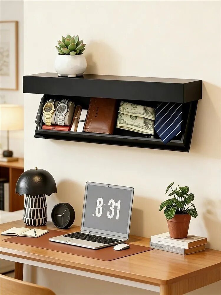 Настенный деревянный скрытый сейф 400*240*72 мм, черный, электронный кодовый