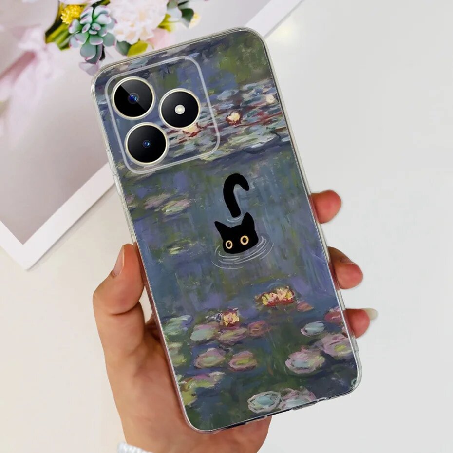 Чехол для Realme Note 50 RMX3834, цвет слоновая кость, с котиком и кувшинками