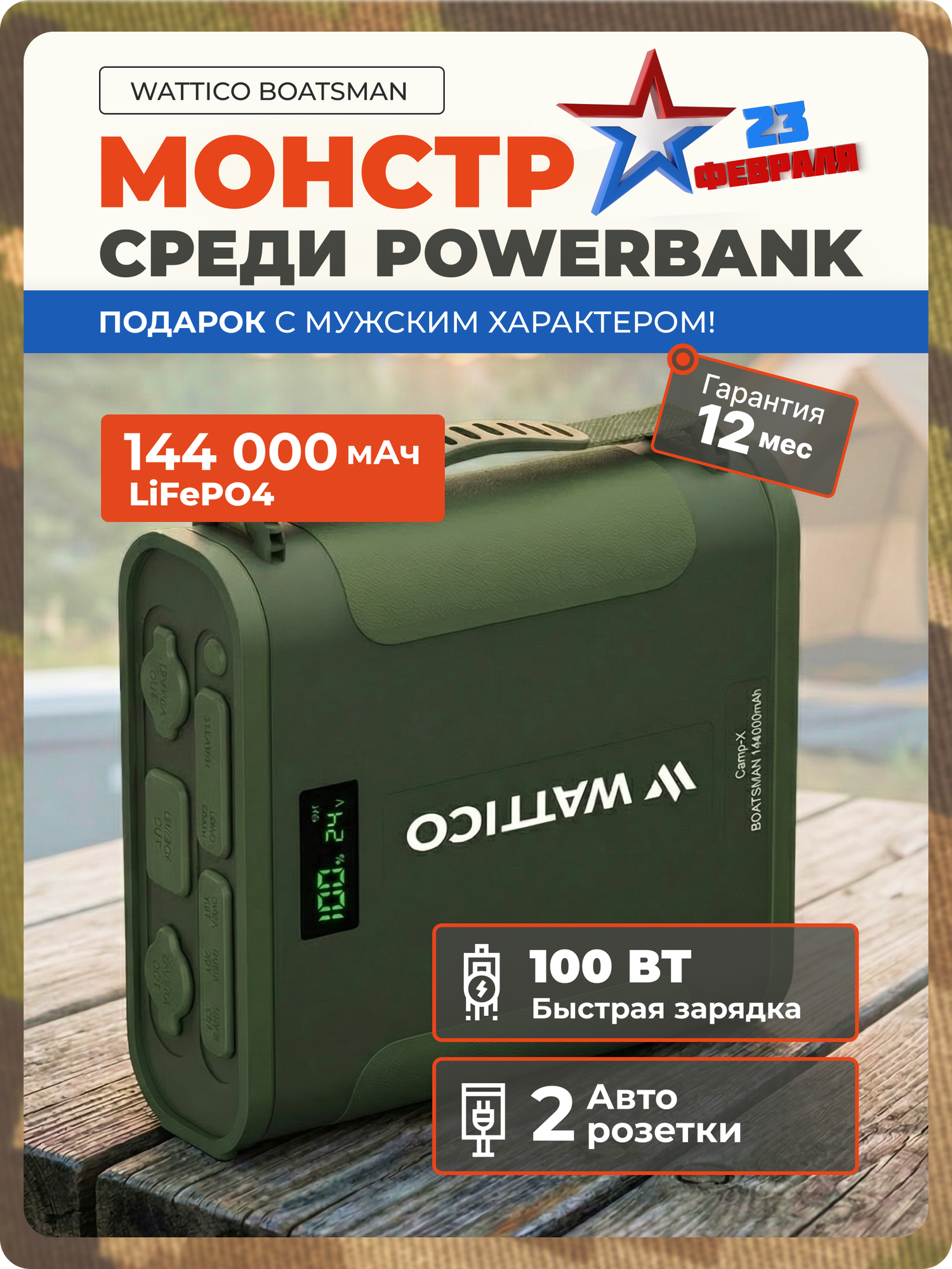 Внешний аккумулятор ударопрочный Wattico Boatsman с автомобильной розеткой и выходом Anderson