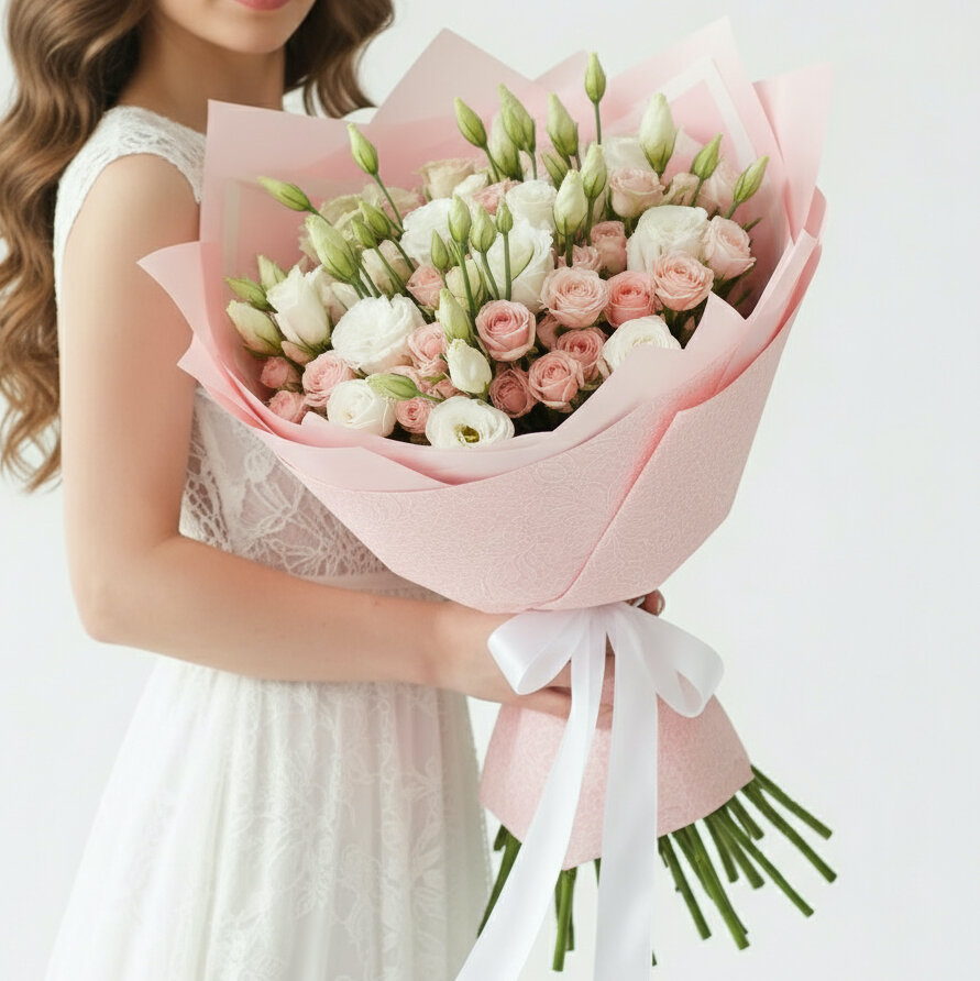 Дуо-букет Мегацвет24 "Кустовые розы и Эустома", розовый/белый, дизайнерская упаковка