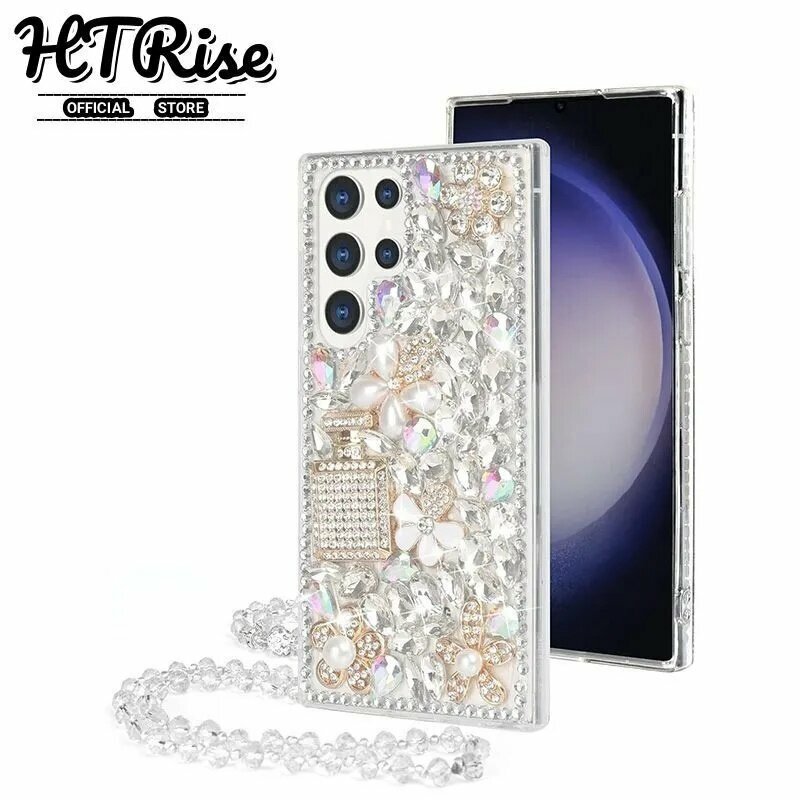 Чехол для Samsung Galaxy S25 Ultra/ Самсунг Галакси С25 Ультра Luxury 3D с бриллиантовым кристаллом, блестящим флаконом духов и цветочным чехлом для телефона, блестящей цепочкой и ремешком-шнурком