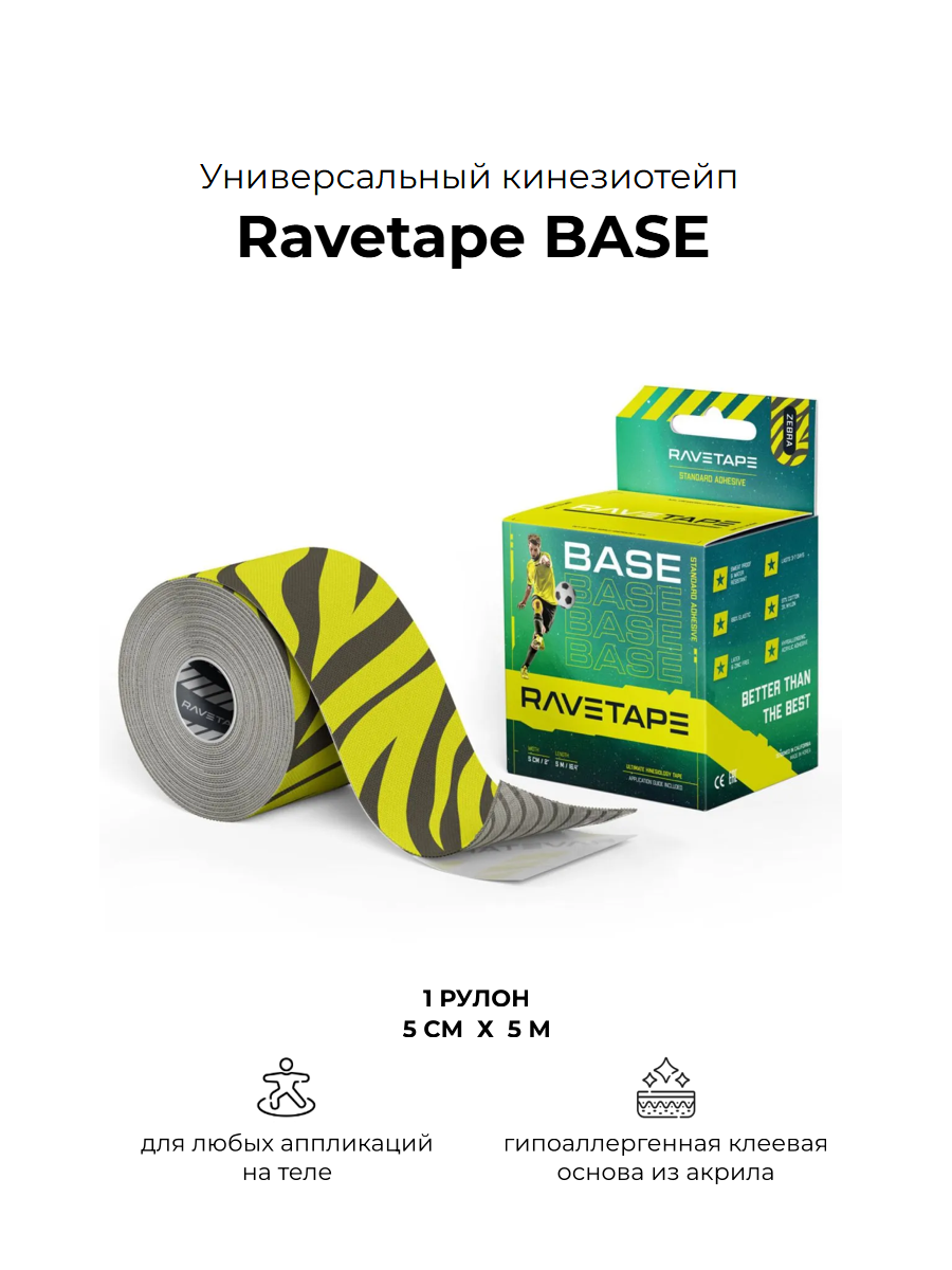 Универсальный кинезиотейп для тела RaveTape BASE с дизайном, 5 см х 5 м, без латекса, рисунок «Зебра»
