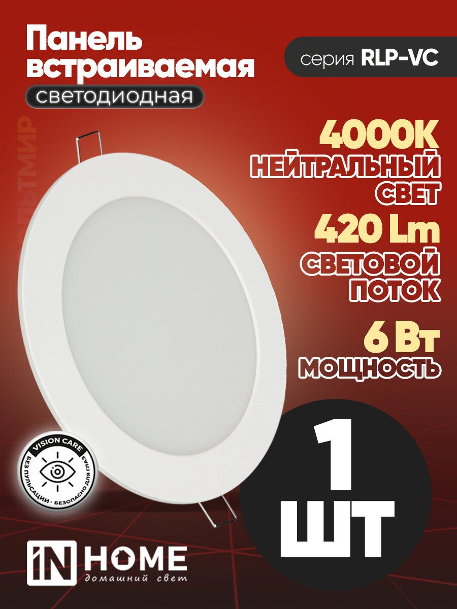 Панель светодиодная встраиваемая круглая RLP-VC 6Вт 230В 4000К 420Лм 95мм белая IP40 IN HOME