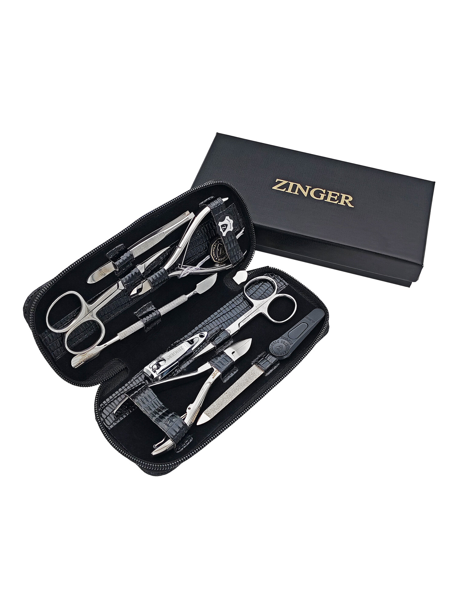 Маникюрный набор Zinger MS-7106, 8 предметов, медицинская сталь, натуральная кожа, черный лофт
