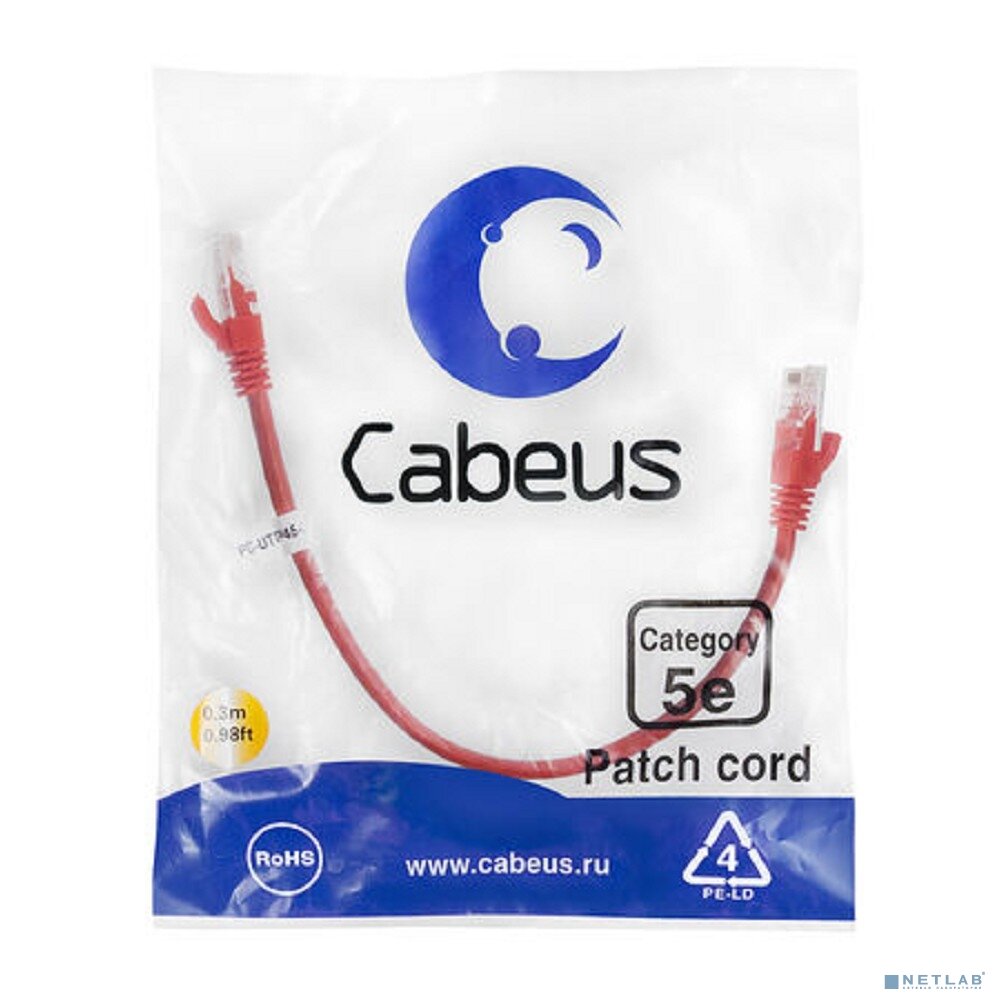 Cabeus pc-utp-rj45-cat.5e-0.3m-rd u/utp, категория 5е, 2xrj45/8p8c, неэкранированный, красный, pvc, 0.3м