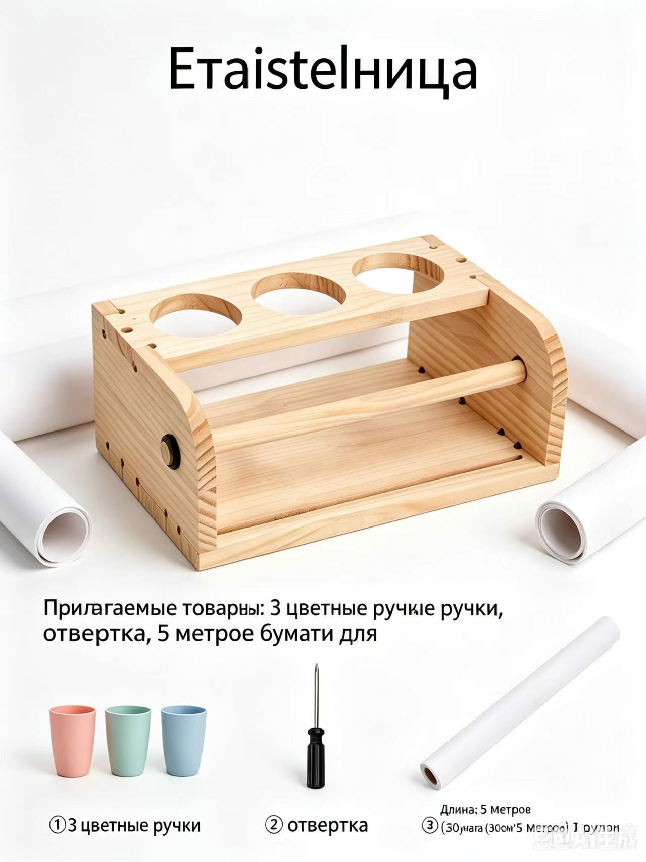 Детский мольберт для рисования, массив дерева, с пятью держателями для ручек, бумага для рисования 5 м, 34,5*17*10 см (Цвет товара: бежевый; Ширина: 34.5 см; Высота: 10 см)