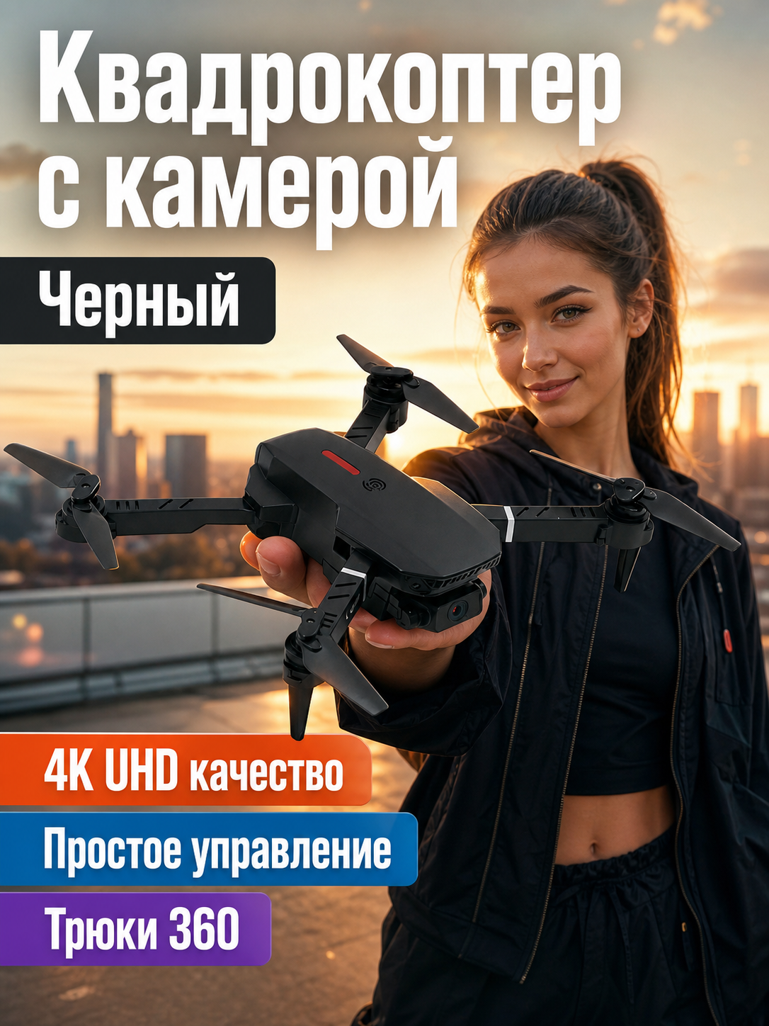 Мини квадрокоптер с камерой 4K складной дрон 2 аккумулятора управление смартфон дети взрослые