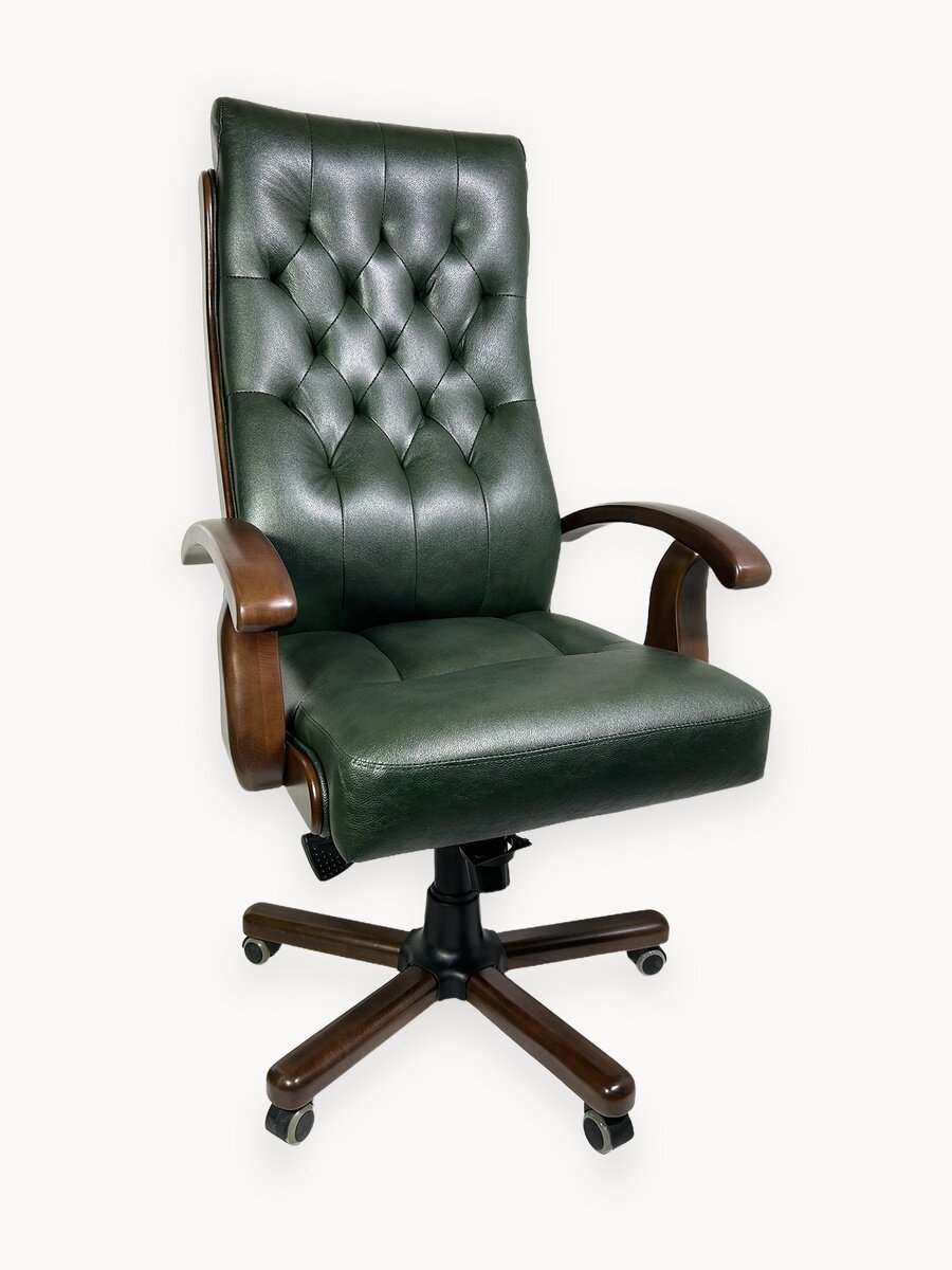 Компьютерное кресло руководителя офисное Берн, кожаное, массив дерева, зеленое (Pino)