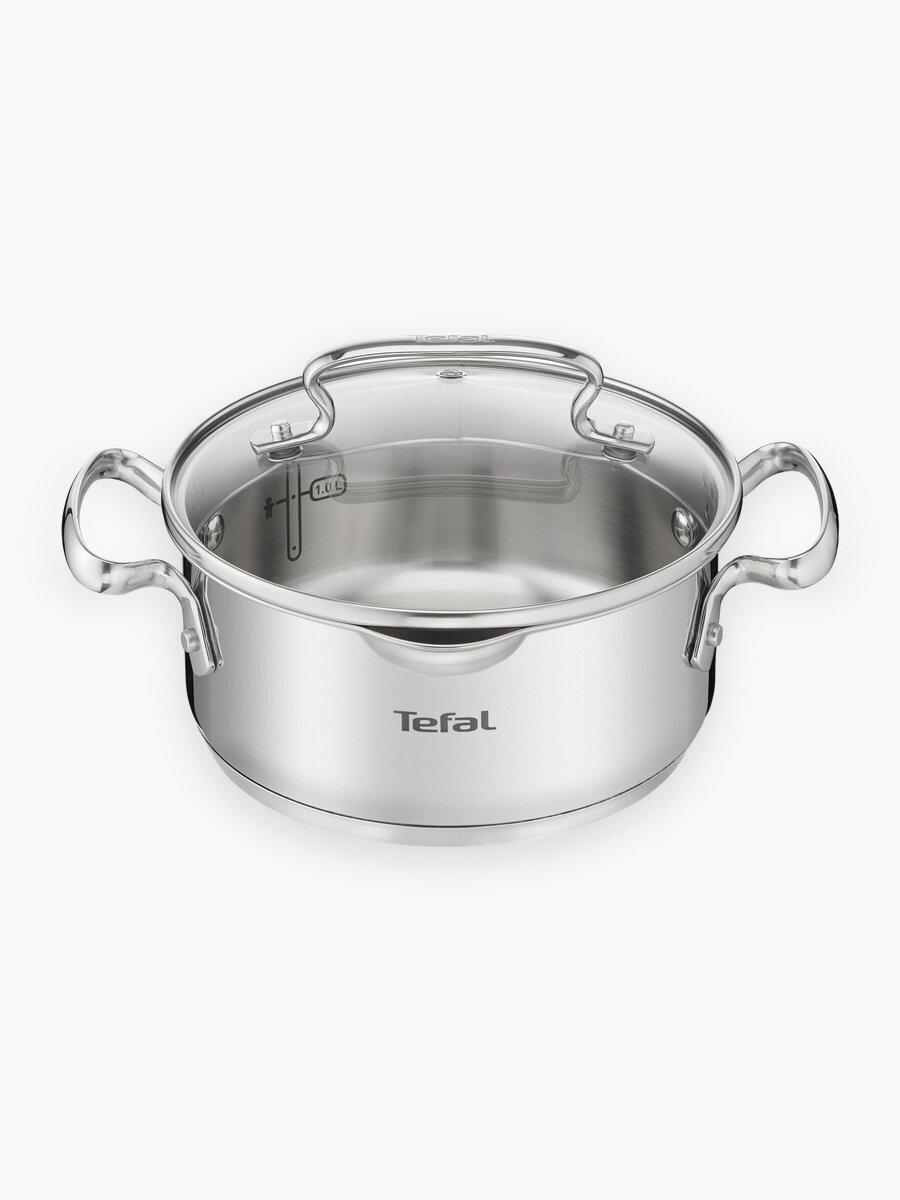 Кастрюля 5 л 24 см Tefal Duetto+ G7194655 с крышкой, из нержавеющей стали, с мерной шкалой, со сливными носиками, для всех типов плит, включая индукционные, гарантия на нержавеющую сталь 10 лет