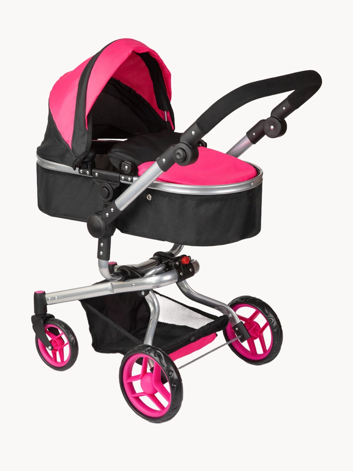 Коляска люлька для кукол детская, трансформер, UniTrain, розово-черная, с корзиной, в коробке