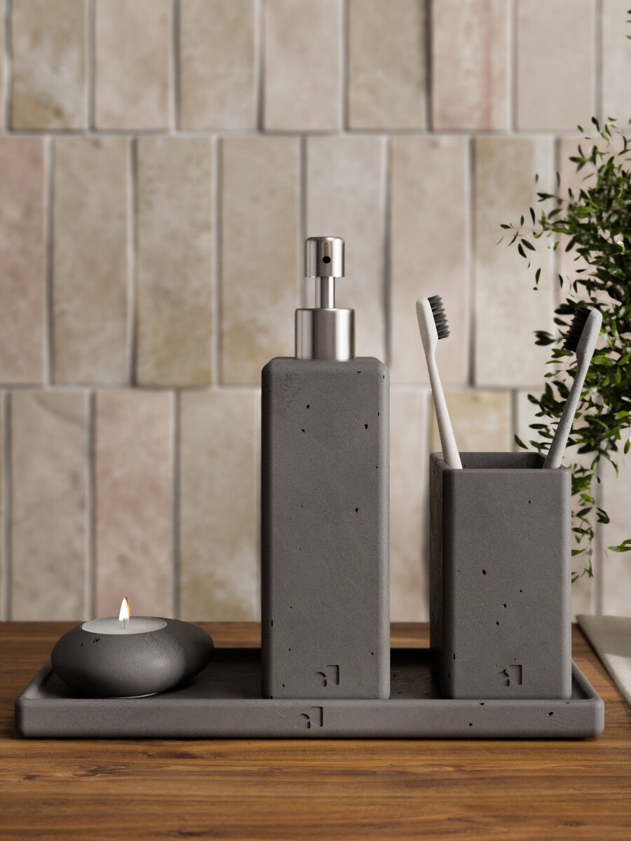 Набор аксессуаров для ванной комнаты "Oxford", темно-серый матовый: дозатор 250 мл, стакан под зубные щетки, поднос
