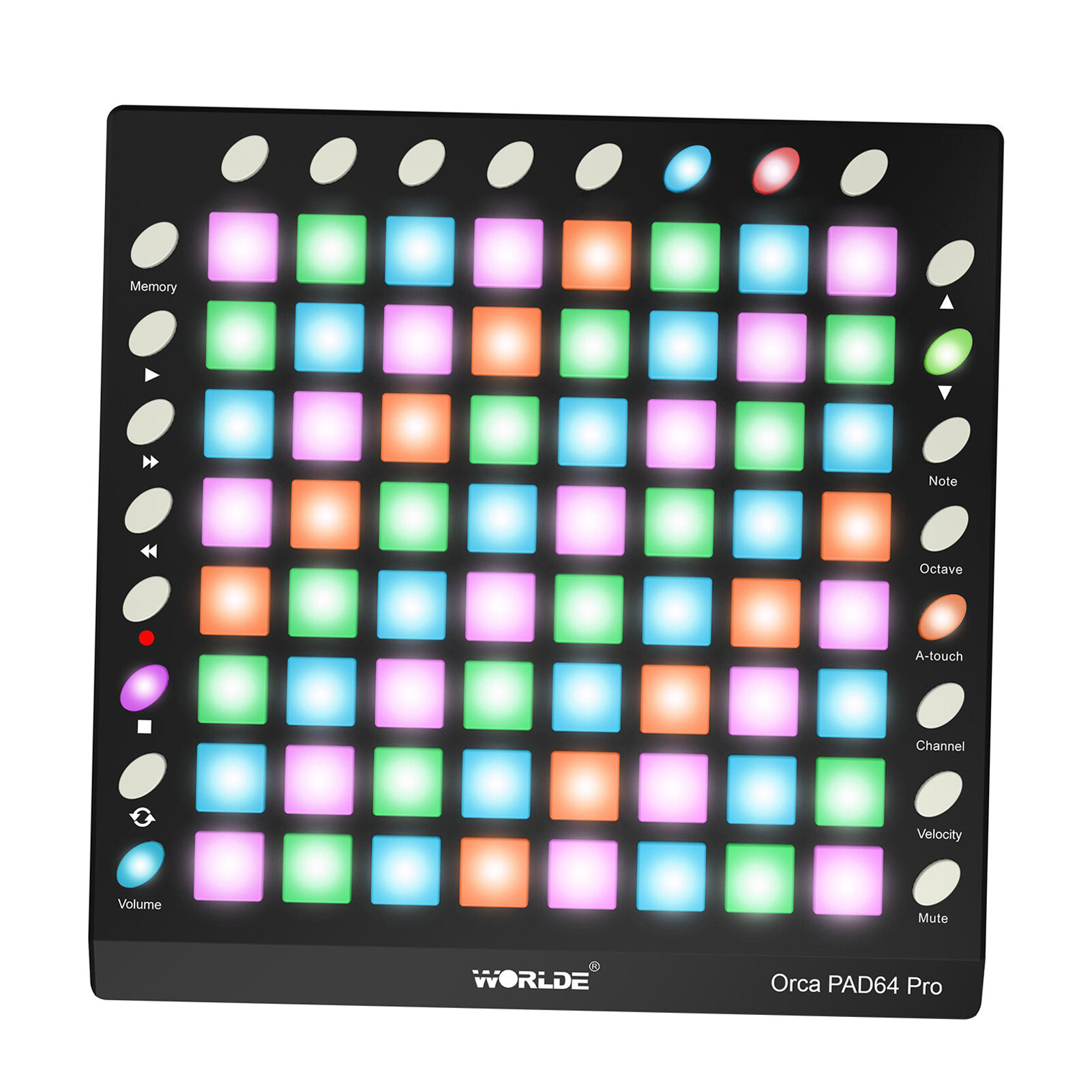 WORLDE ORCA PAD64-A Pro Portable USB MIDI Drum Pad Controller 64 RGB Backlit Pads 24 Buttons Built-in 128MB Sound Module with Cable