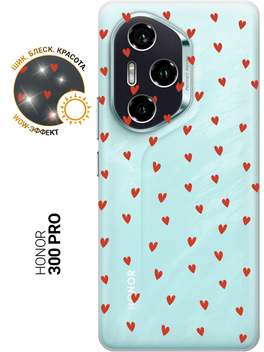 Силиконовый чехол на Honor 300 Pro с принтом "Красные сердечки" прозрачный