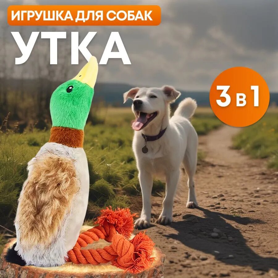 Игрушка для собак с пищалкой мягкая прочная утка дразнилка 3 в 1