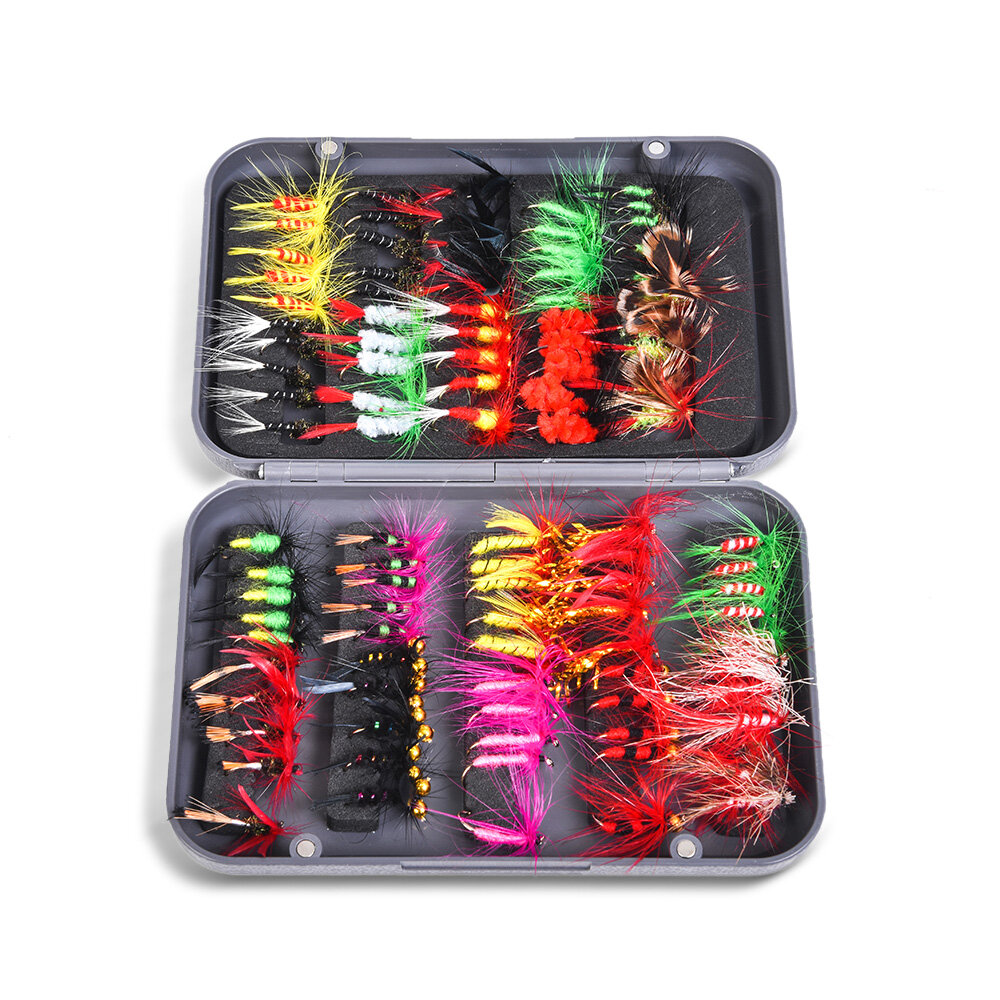 Набор мушек для летающей рыбалки Fly Fishing Flies Kit 20/100 штук, разнообразные приманки с крючками, с ящиком для мушек, 20 штук: 4 цвета, размеры ящика 11.5*9.5*2.7см, вес 42г; 100 штук: 20 цветов, размеры ящика 13.5*9.5*2.7см, вес 87г