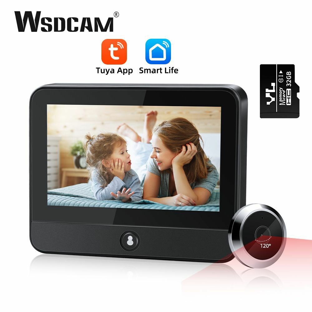 Видеоглазок WSDCAM, Wi-Fi, 1080P, датчик движения, с картой памяти 32Гб