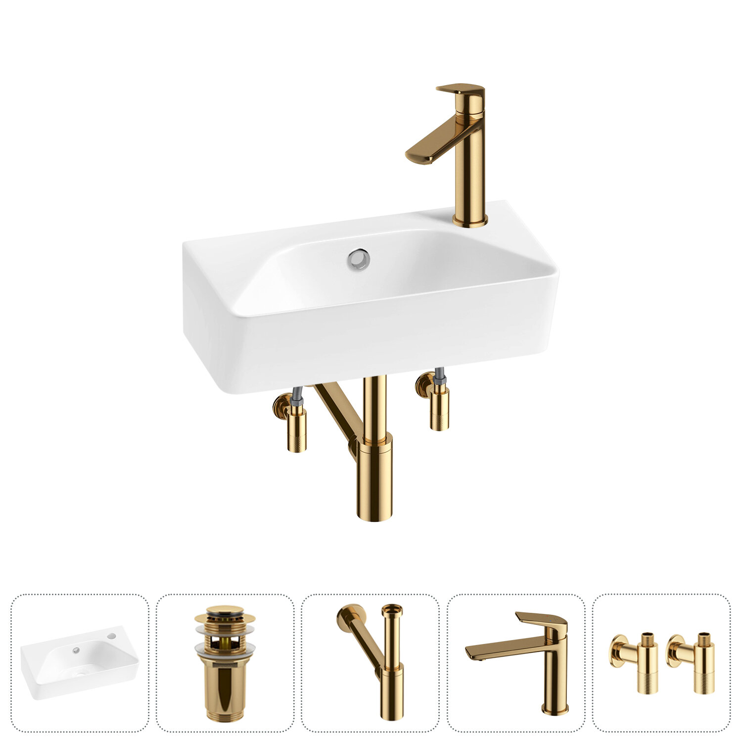 Подвесная или накладная раковина в ванную комнату Lavinia Boho Bathroom Sink 20216427R в наборе 5 в 1: раковина 40 см в цвете белый глянец, донный клапан, сифон, смеситель, вентили