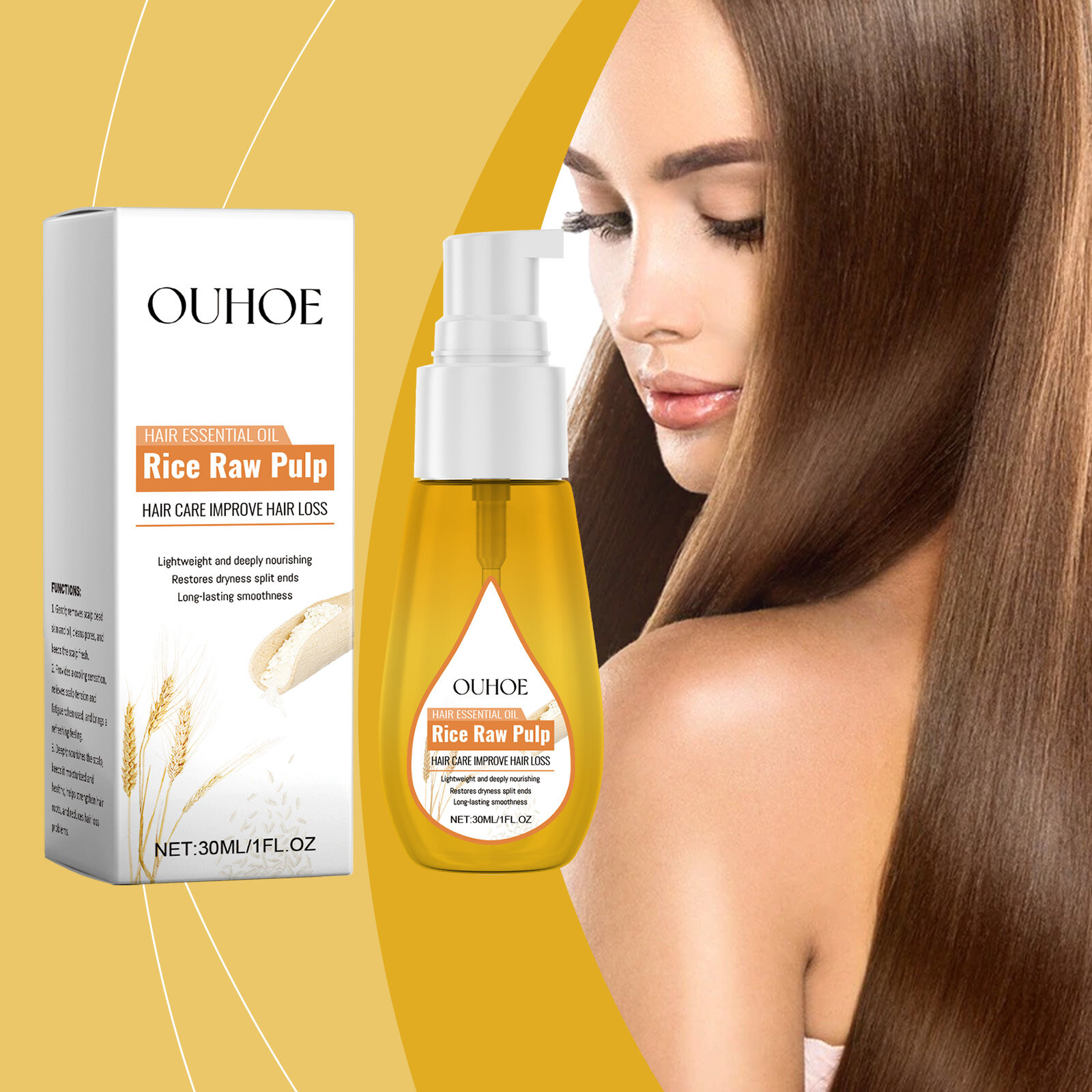 Масло для волос с рисовой водой восстанавливает кончики волос и увлажняет их, делая естественно пушистыми, гладкими и блестящими.