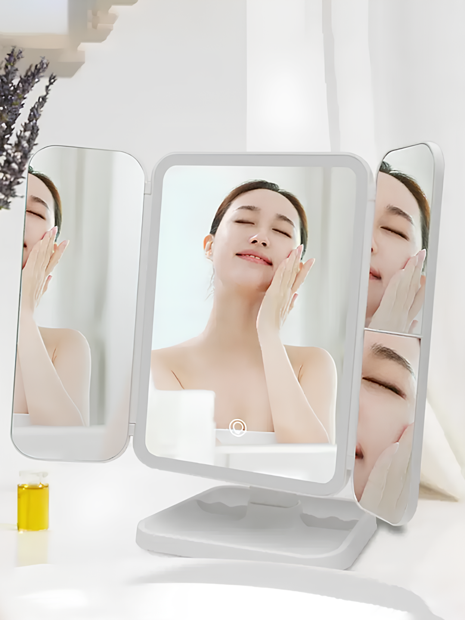 Косметическое зеркало для макияжа с подсветкой для девушек настольное, холодный теплый свет складное, белое