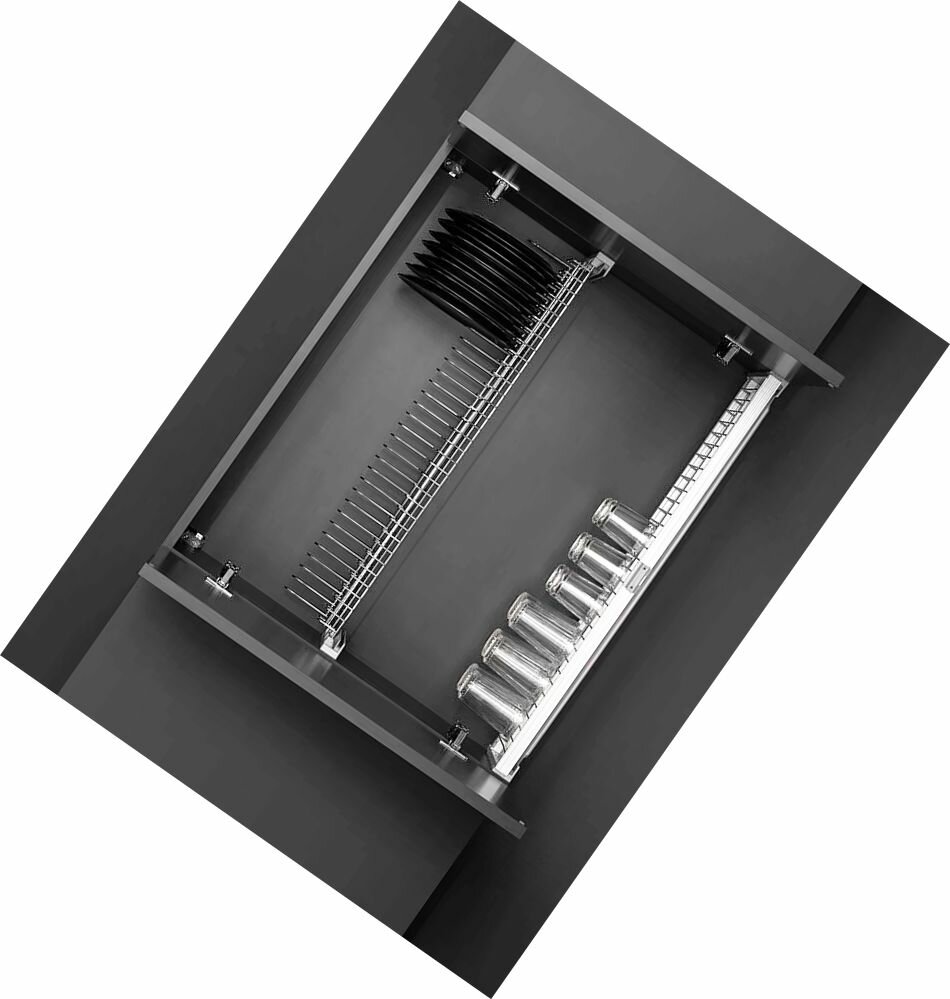 Комплект посудосушителя для тарелок/чашек в базу 600мм(для плиты 16мм), с алюмин. рамой и пласт. поддоном, регулировка по глубине 1 ком.