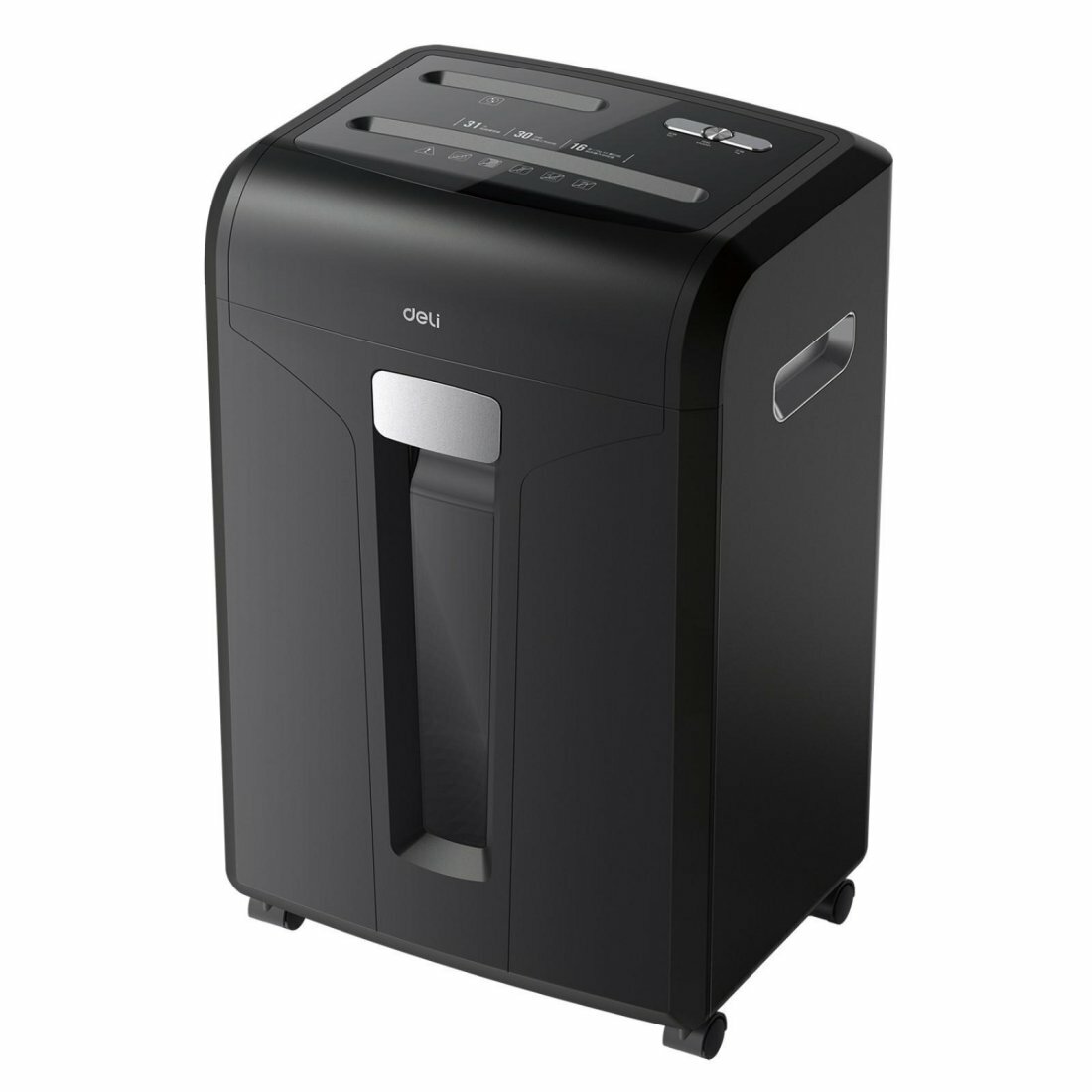 Уничтожитель бумаги (шредер) Deli E14400 черный (секр. P-4) фрагменты 16лист. 31лтр. скрепки скобы пл. карты CD