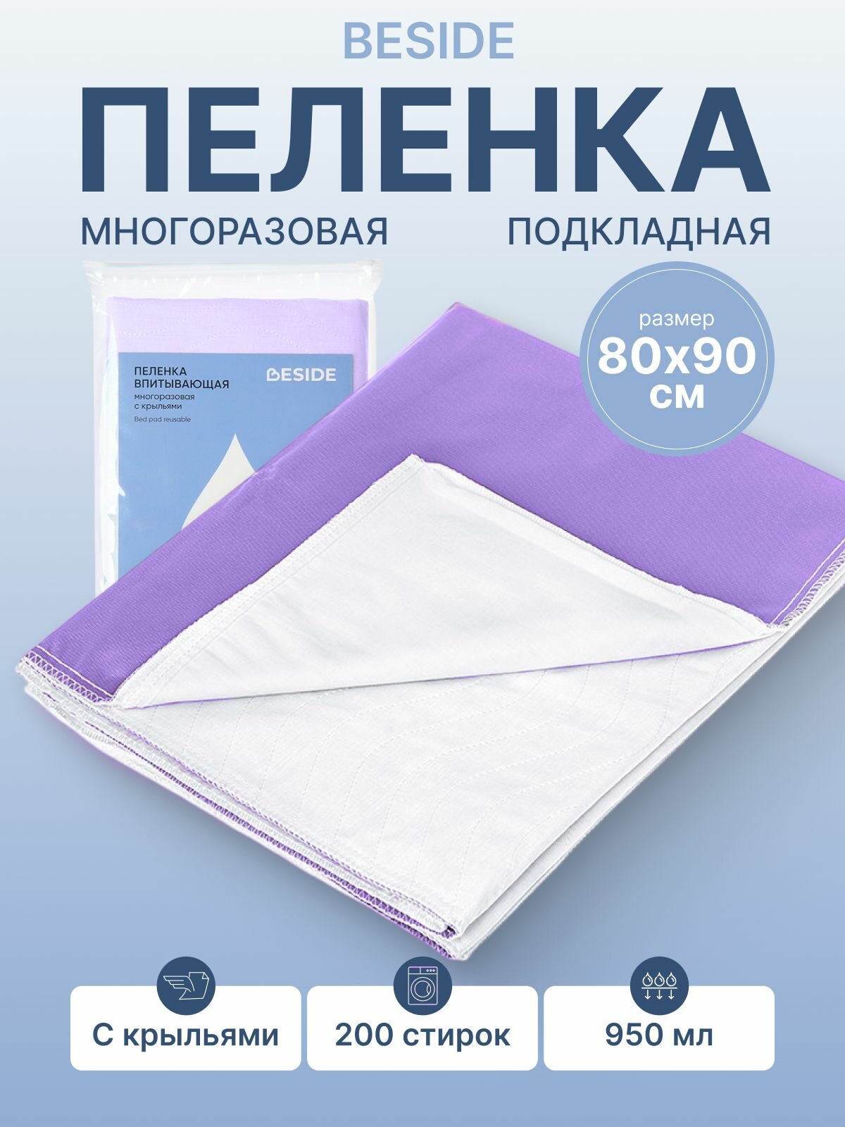 Многоразовая пеленка с крыльями 80x90 см Beside, бело-сиреневая 29347