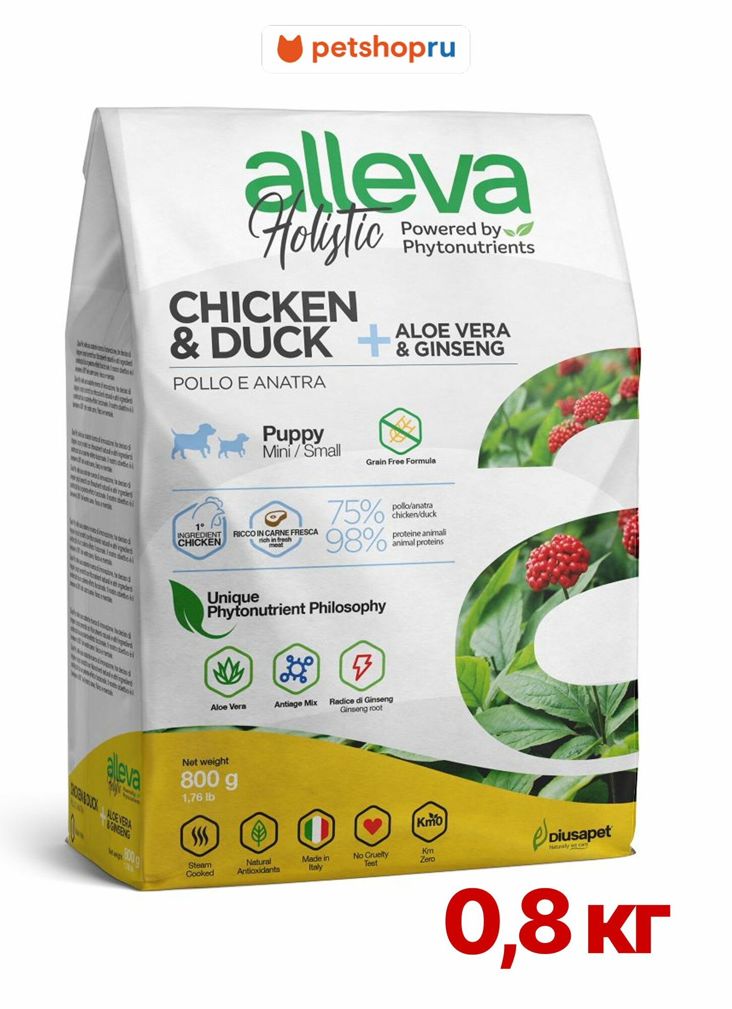 Alleva Сухой корм для щенков и юниоров мини, Холистик с курицей и уткой, алое вера и женьшенем, 0,8 кг