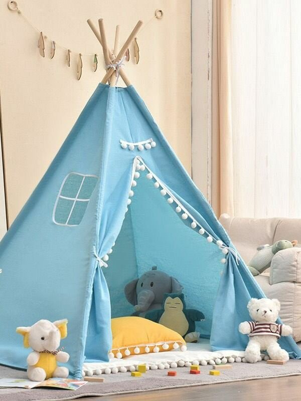 Палатка детская игровая, палатка детская,110*80*80см, Бесплатный коврик, Синий меховой шарик