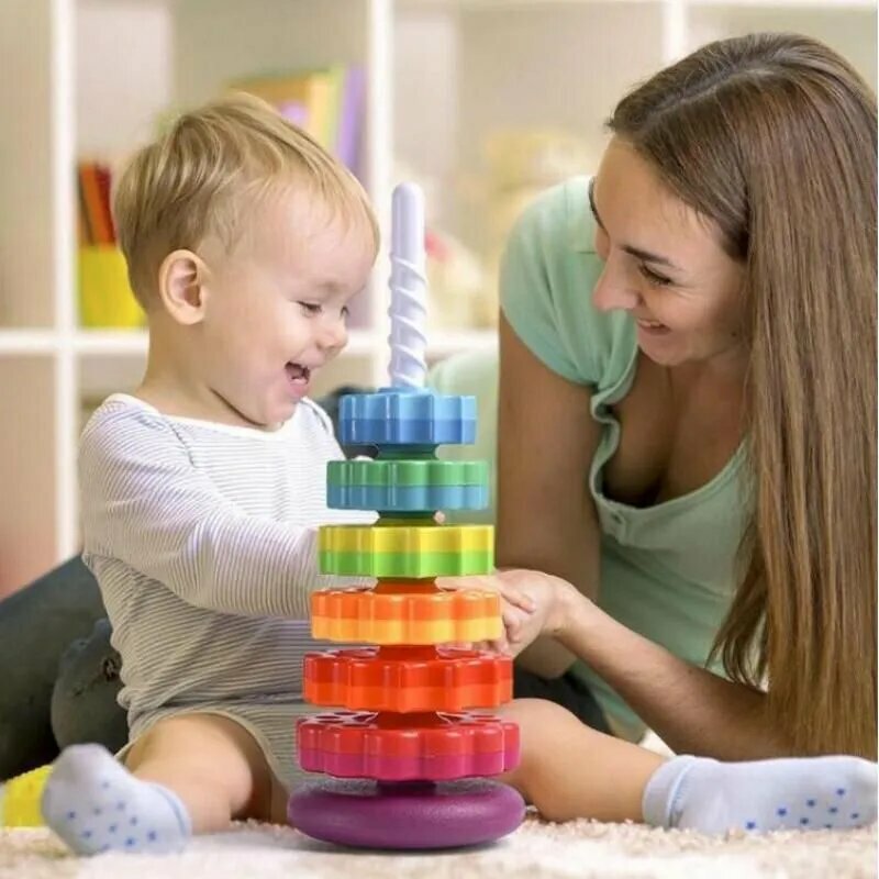 Детская пирамидка с шестеренками и эффектом вращения, 7 деталей, все цвета радуги (многоцветная, 5 этаж).
