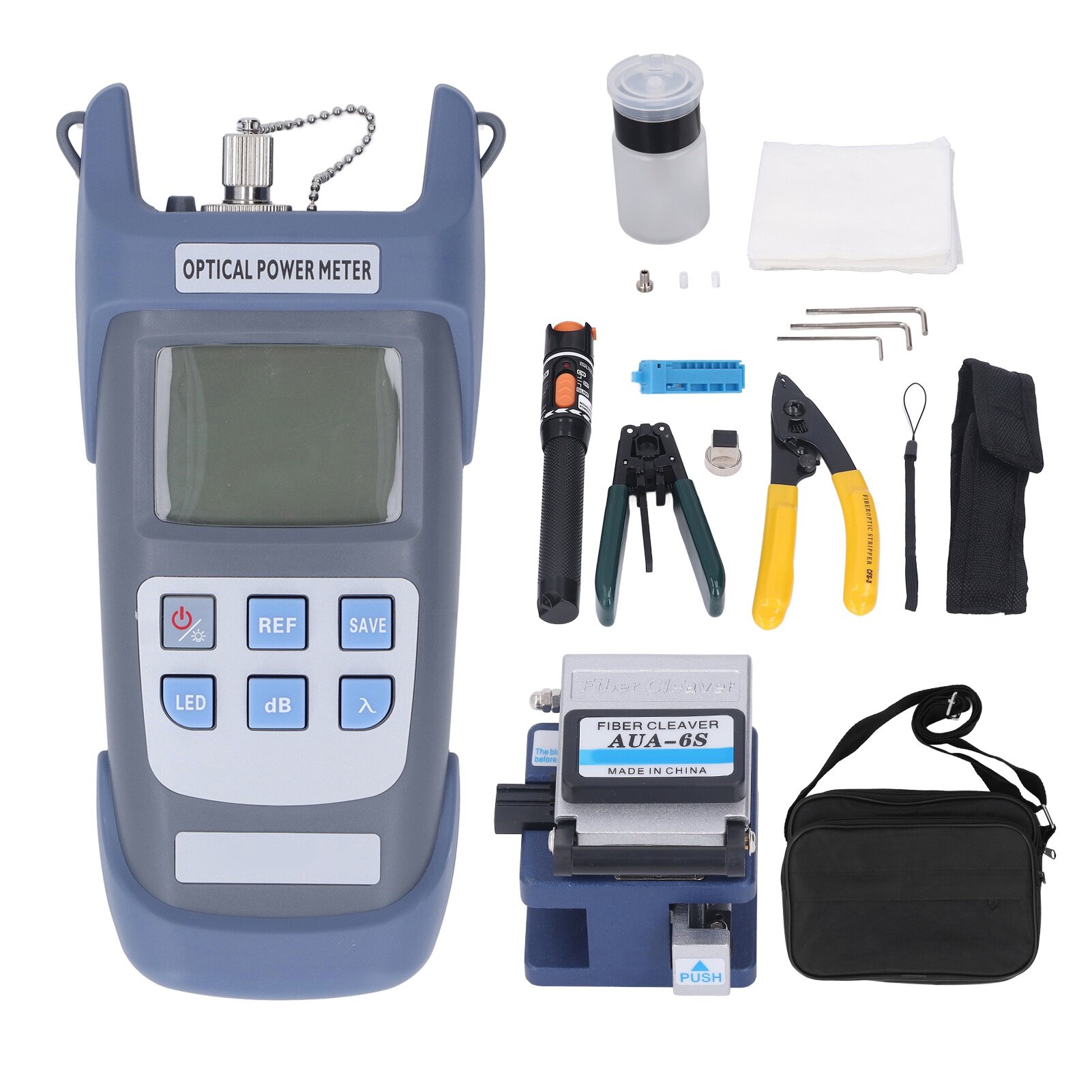 Комплект для холодного подключения оптоволокна, измеритель мощности оптического волокна, инструмент для зачистки и обрезки волокна, инструменты для концевой заделки.