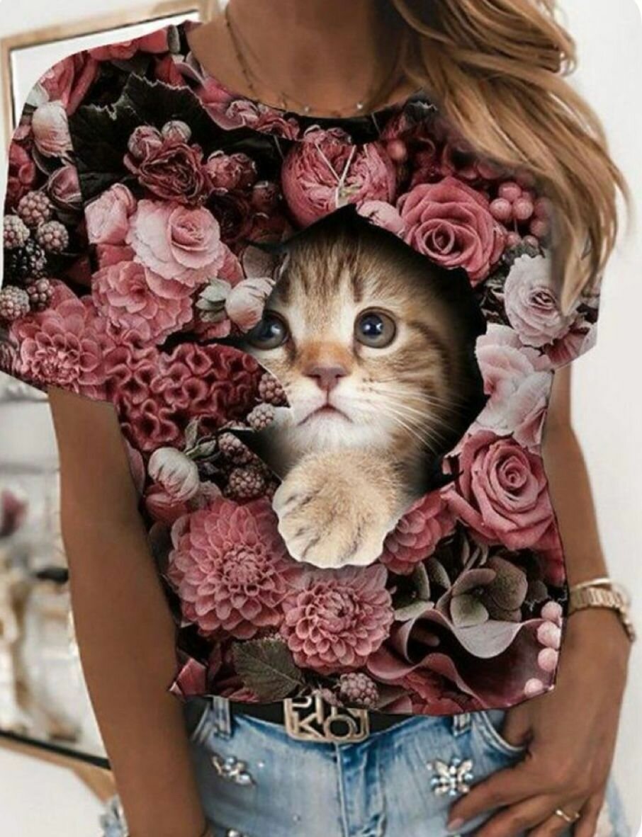 Купон 70х180 с диджитальным принтом Кот в цветах / Ткань Футер 2-х нитка