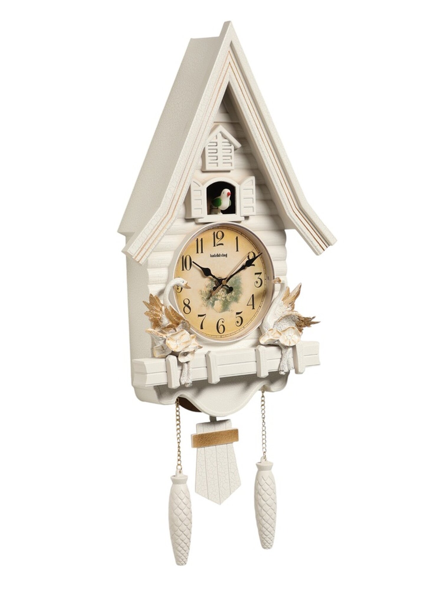 Часы настенные интерьерные большие с кукушкой «Лебеди», плавный ход, 63×8×32 см, белые