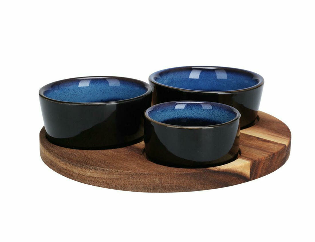 Сервировочный набор, керамика, дерево, чёрно-синий, 4 предмета, Koopman International