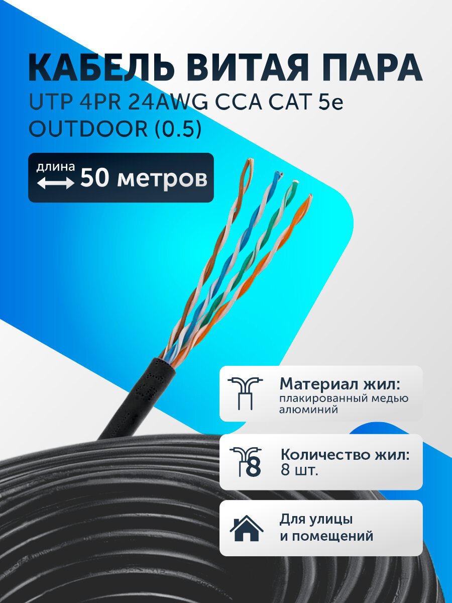 Витая пара кабель уличный U/UTP 4 пары 8 жил 24 AWG PE ССА CAT 5e (0.5) UTP интернет кабель сетевой 50 метров