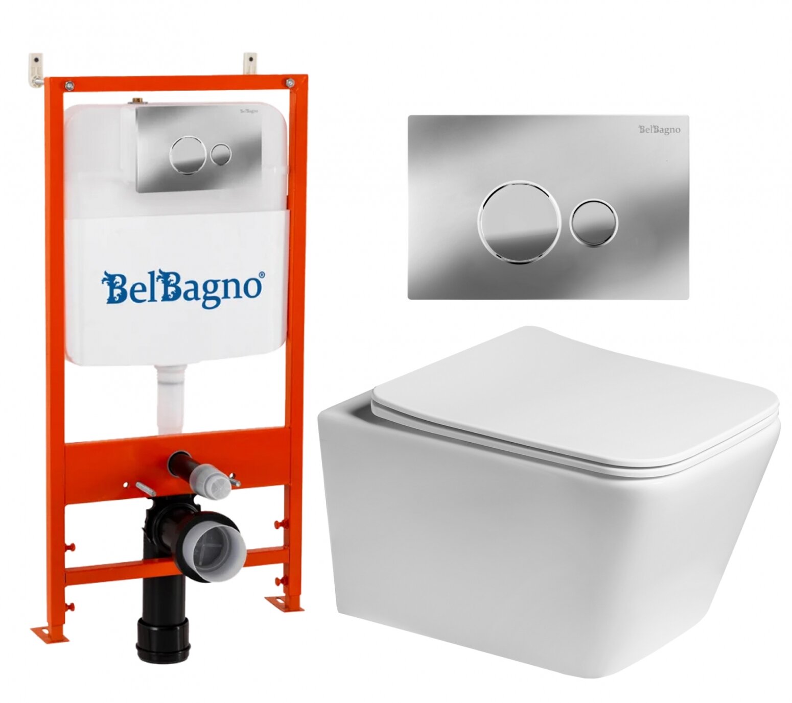 Комплект 3 в 1 инсталляция BelBagno BB026/BB081CR + Унитаз подвесной SantiLine SL-5007 + кнопка хром глянцевая