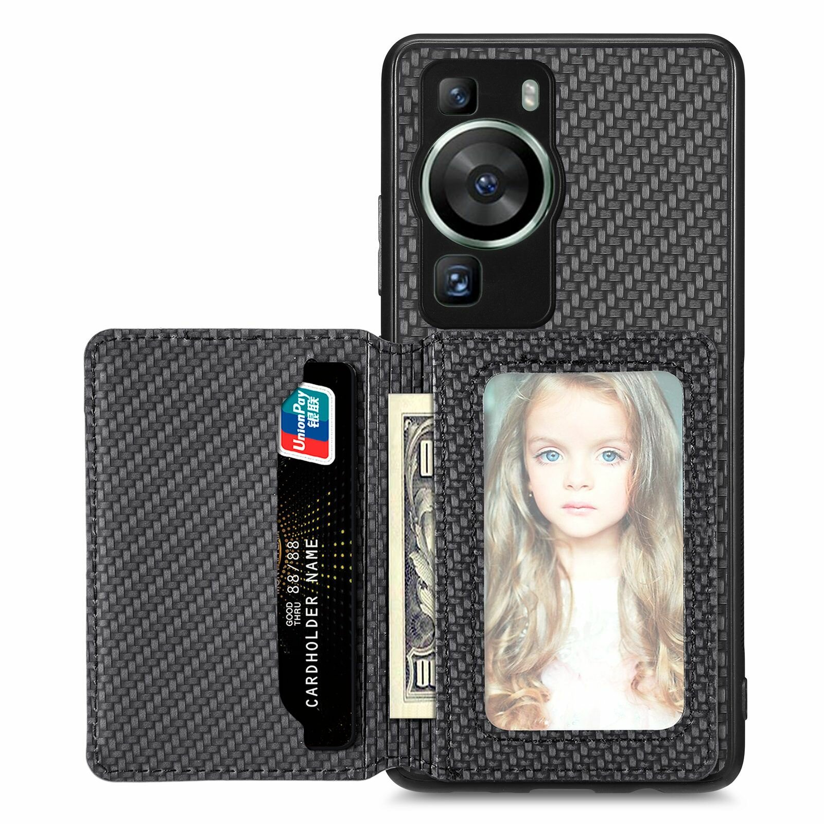 Чехол на Huawei P60 и P60 Pro (Хуавей П60 и П60 Про) с картхолдером, кожаный чехол с карбоновой текстурой(черный)