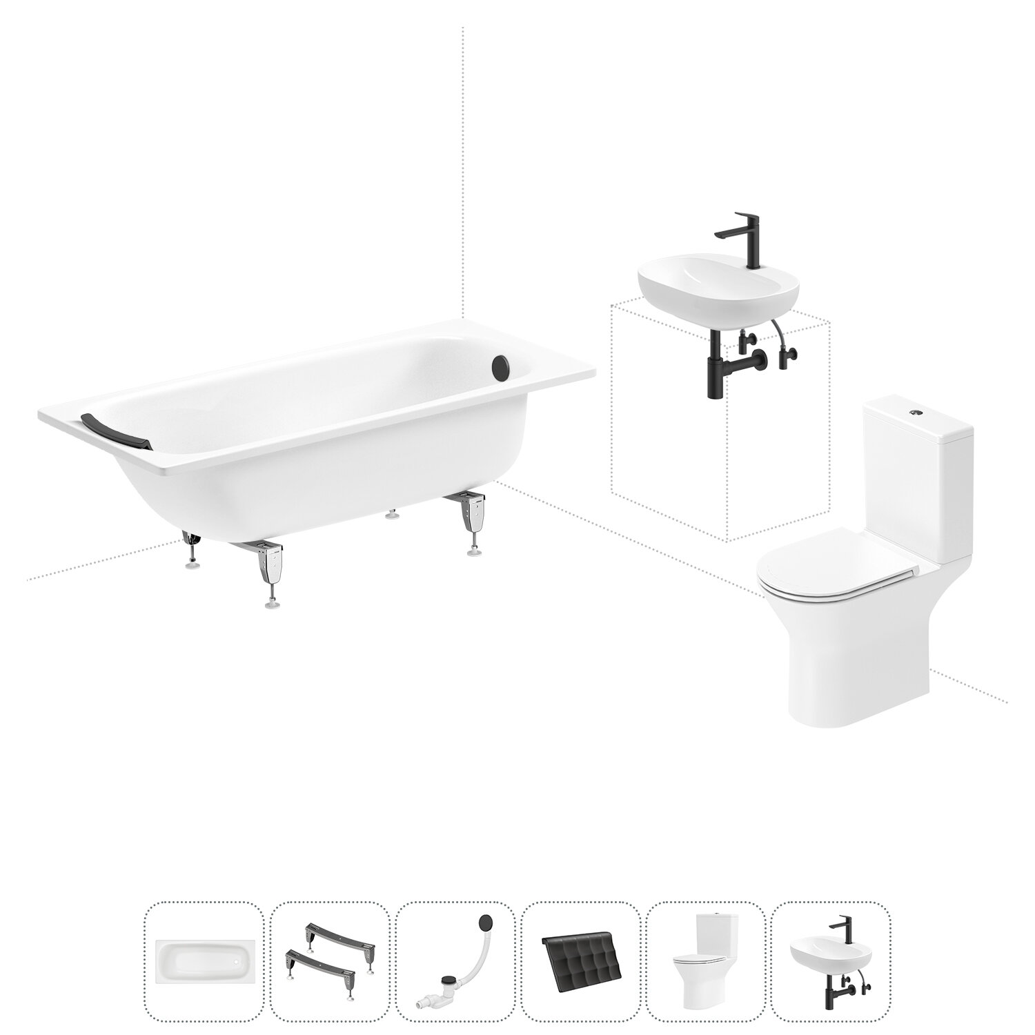 Стальная ванна 160х70 Sanitana BLB Universal 20220715R в наборе 6 в 1: металлическая ванна 160 х 70 см с шумоизоляцией, ножки, слив-перелив, подголовник, унитаз, раковина с комплектом для подключения