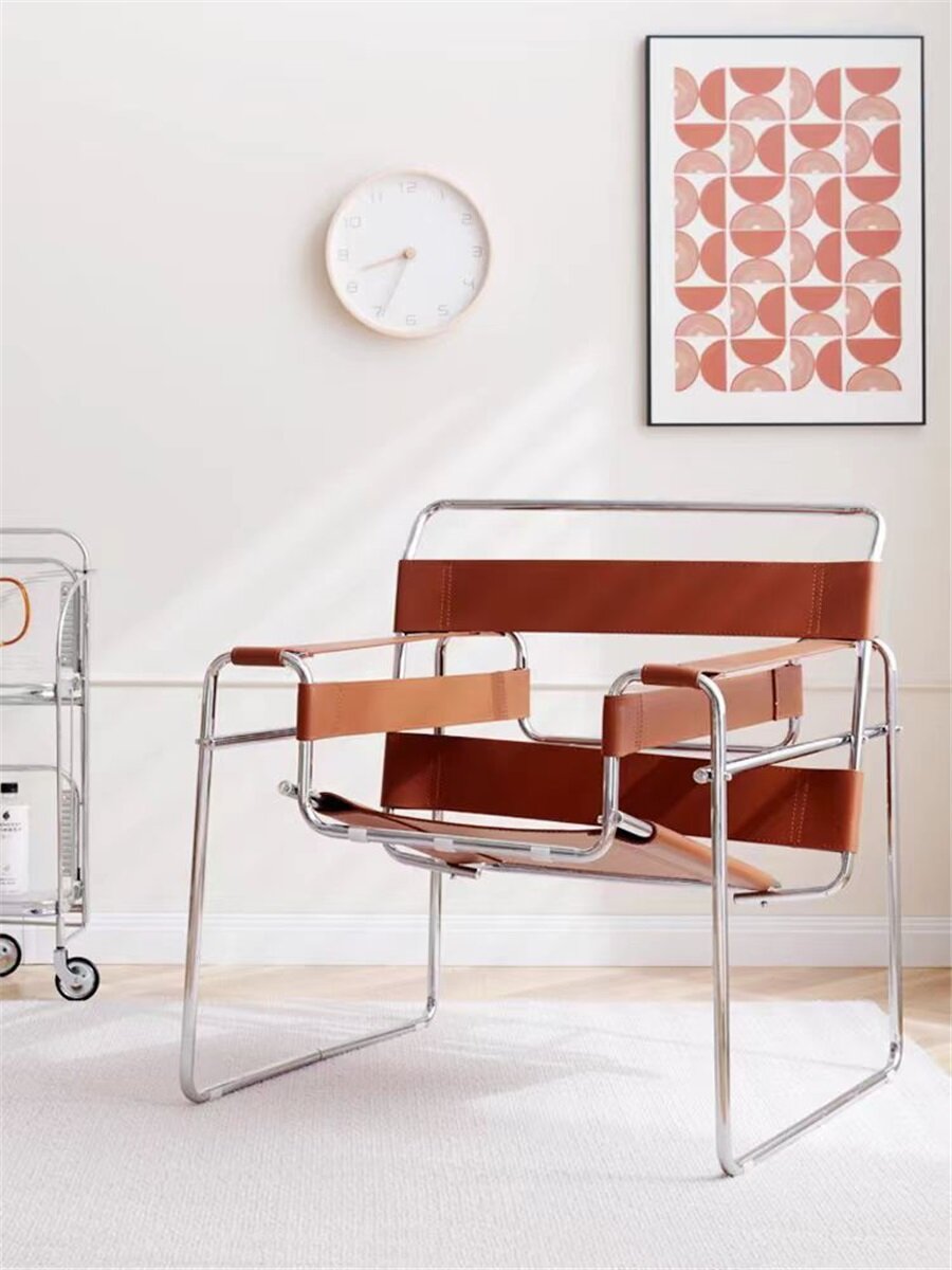 Кресло, хромированная основа, Коричневая кожа, 80 см x 78 см x 90 см