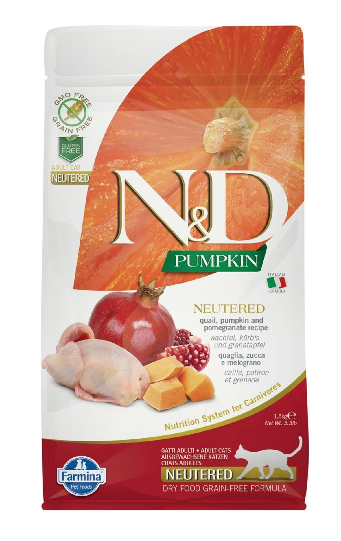 Сухой корм Farmina ND Cat Pumpkin Neutered Quail для стерилизованных кошек с перепелкой и тыквой, 1,5кг