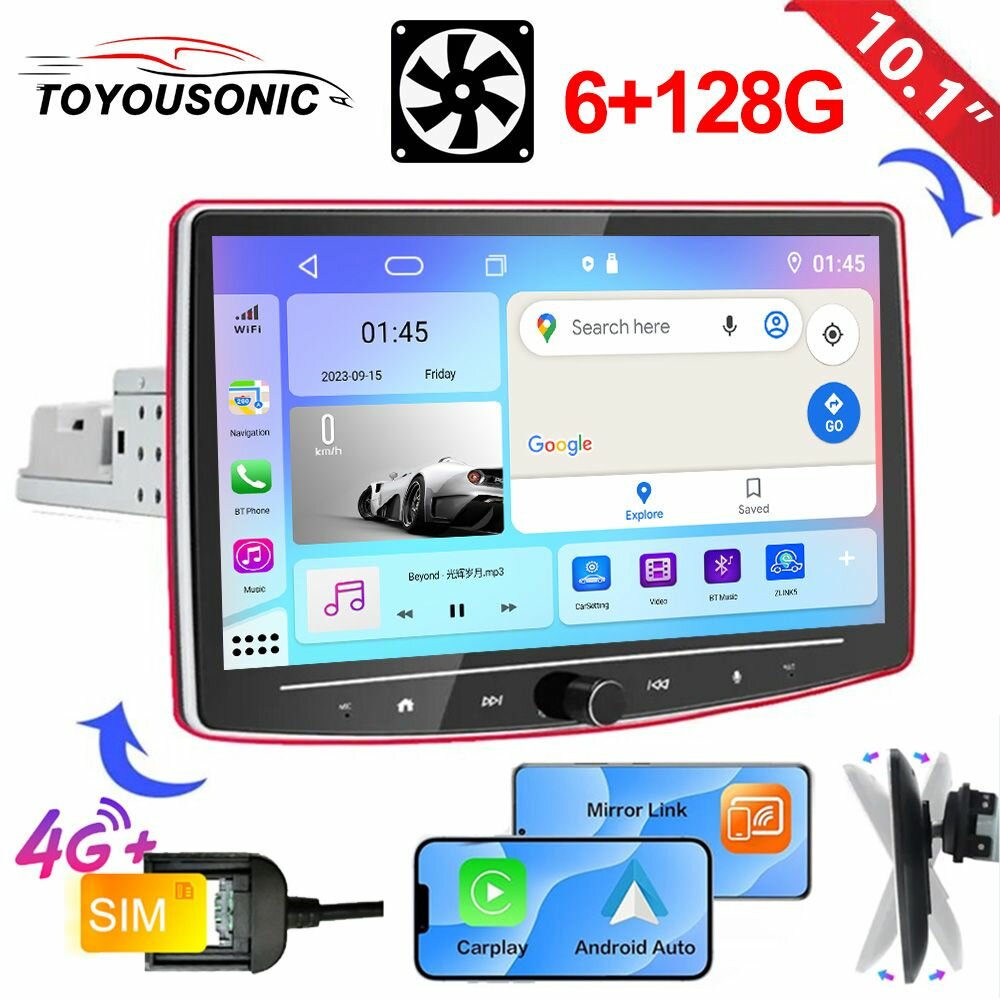 4G 6+128 Гб Автомагнитола 1din 10.1 дюйм на Android с на 360 градусов поворотным экраном (Carplay, WiFi, Bluetooth) 8core