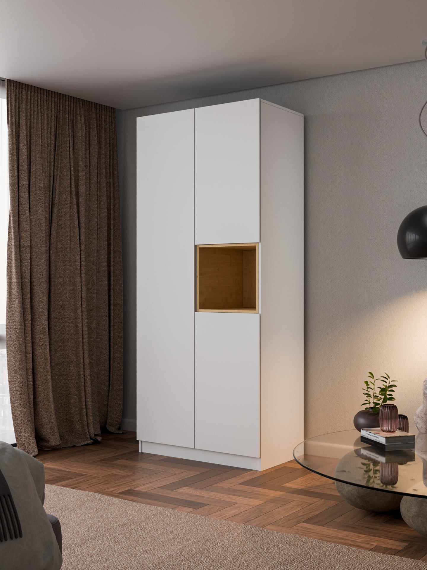 Шкаф распашной Юджин с открытой нишей | ЛДСП Белый шагрень/Цвет ниши Клен | Механизм открывания push-to-open