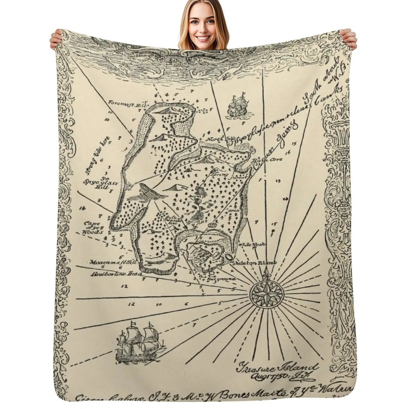 Винтажная карта пирата острова сокровищ (1915) Пледы Декоративные кровати Тяжелые одеяла, 150x125cm(60x50in)