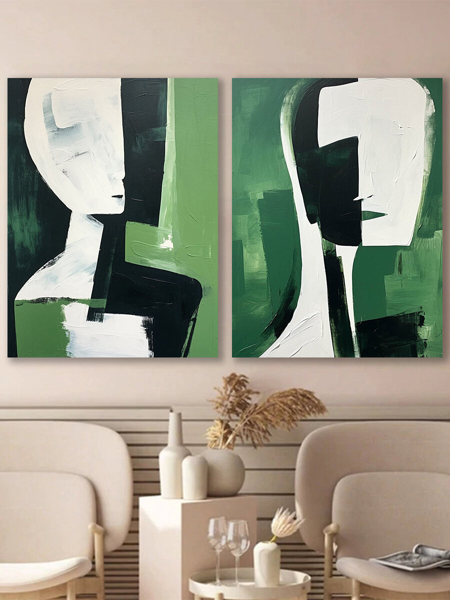 Картина модульная на стену / композиция из 2-х картин, "Зеленая абстракция, минимализм, лица и силуэты", 70х100 см.