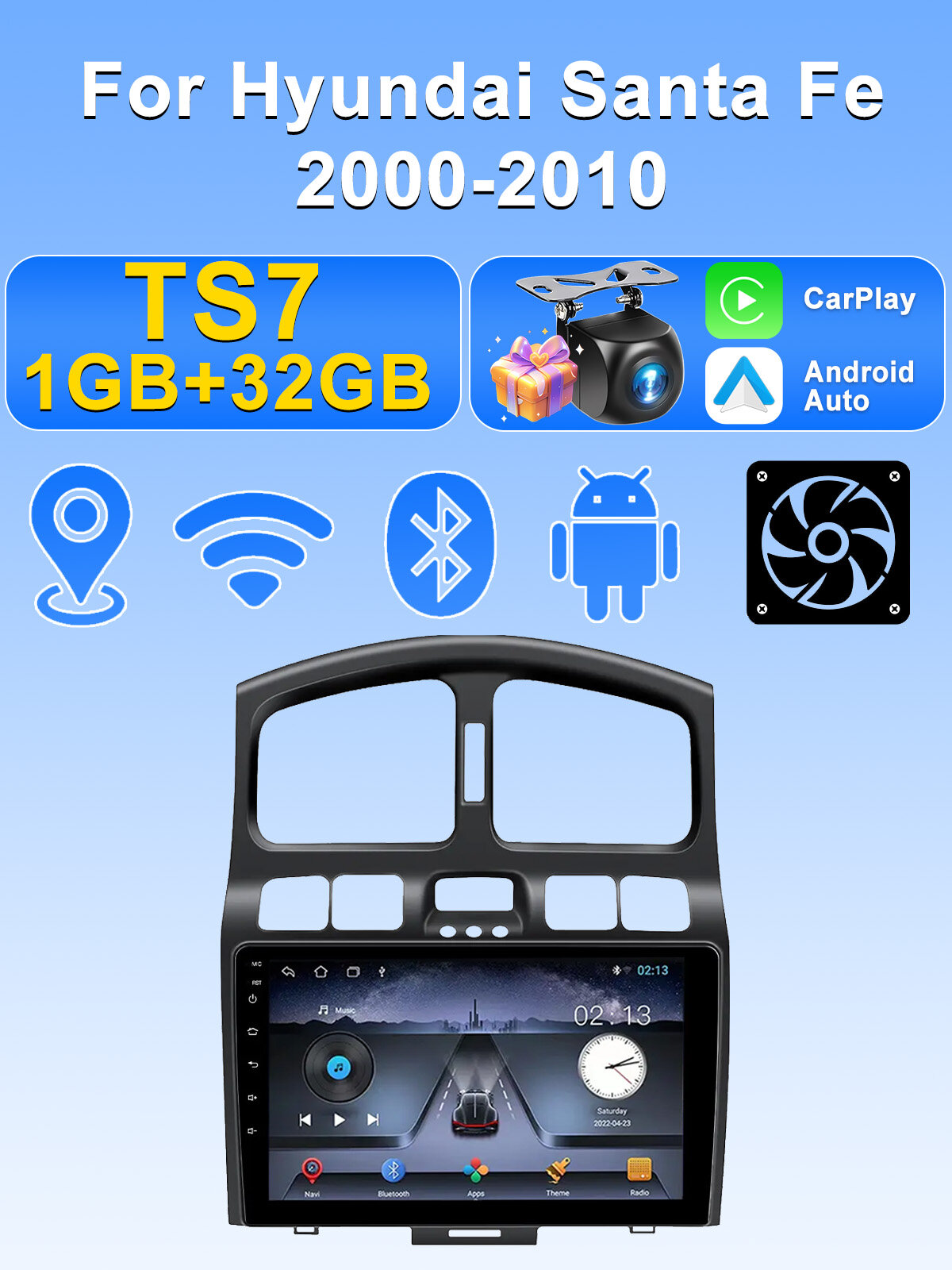 Магнитола для Hyundai Santa Fe 2000-2010 , Автомагнитола для Хендай Санта Фе СМ ,2din android 1+32G Мультимедиа Bluetooth FM WIFI Автомобильный