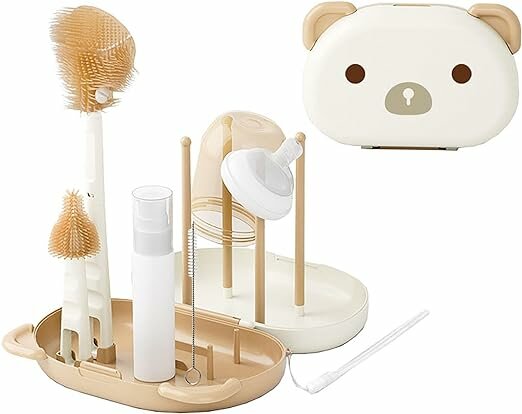 Портативный набор щеток BPA Free для бутылочек с сосками и соломинок Portable BPA-Free Bottle Brush Set for Babies Includes Pacifier Brush, Straw Brush, Bear Box/Pig Box, MilkWhite