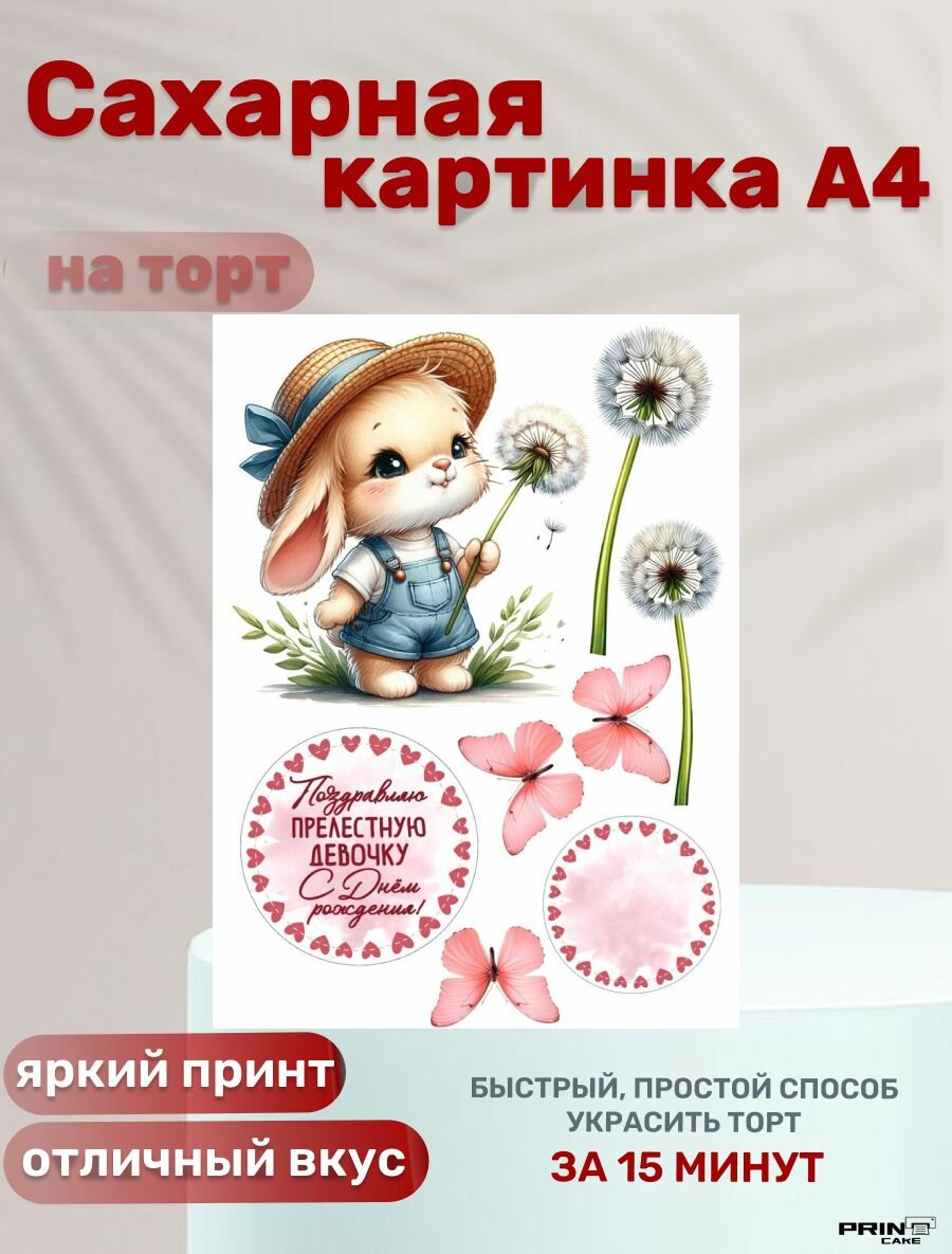 Сахарная картинка для торта на день рождения дочке. Декор для выпечки, украшения для торта девочке.