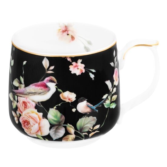 Кружка Elan Gallery "Певчие птички на черном" 500 мл, 13,5х10х9 см. NEW BONE CHINA